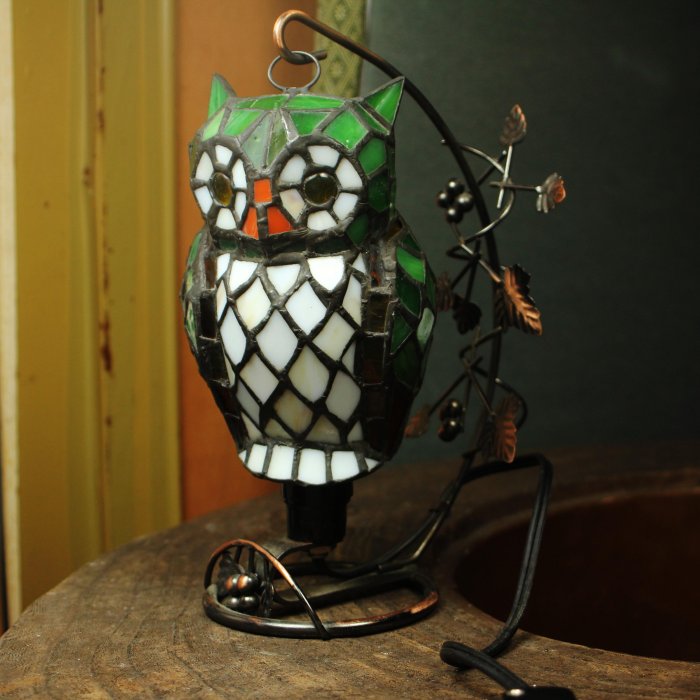 【桑園の】老日本 時代物 貓頭鷹 小夜燈 彩繪玻璃燈罩 桌燈 吊燈 藝術檯燈 Q 6406 | Yahoo拍賣