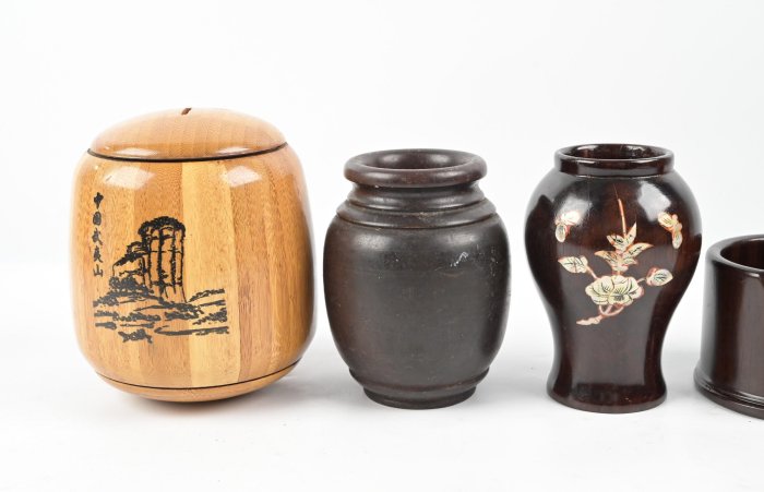 《玖隆蕭松和 挖寶網P》木製 竹製 漆器 螺鈿 置物筒 茶具筒 存錢筒 擺飾 擺件 共 6入(23027) | Yahoo拍賣