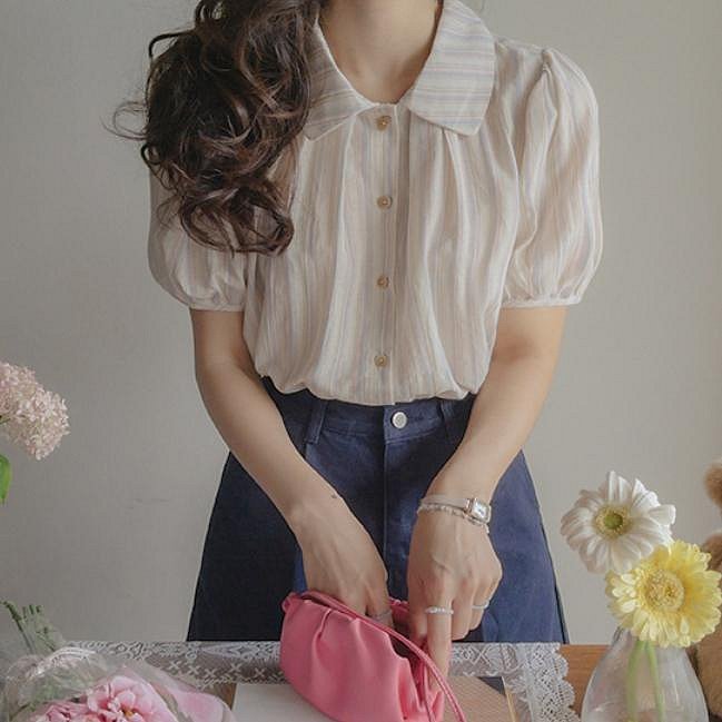 Bellee 正韓 粉嫩配色小圓弧領細褶棉質短袖襯衫上衣 (2色) 【0627-8】 | Yahoo拍賣
