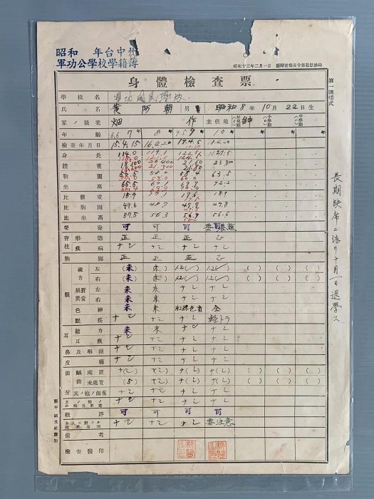 【正老味】**昭和15年~台中州『軍功公學校』學籍簿..®-8 | Yahoo拍賣