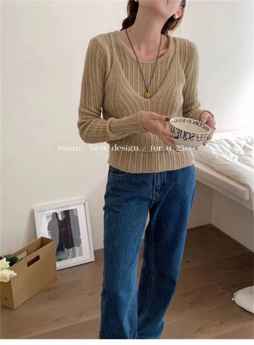 韓國 🍁假兩件吊帶針織個性毛衫（3色）🍎 | Yahoo拍賣