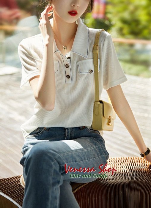 VENESSA~ 新款 簡約大方學院風 透氣不悶 半開襟POLO領短袖T恤上衣 兩色 (U1468) | Yahoo拍賣