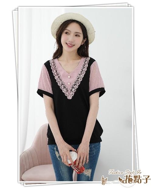 加大尺碼＊╮61555.配色花邊V領雪紡袖上衣☆°48 | Yahoo拍賣