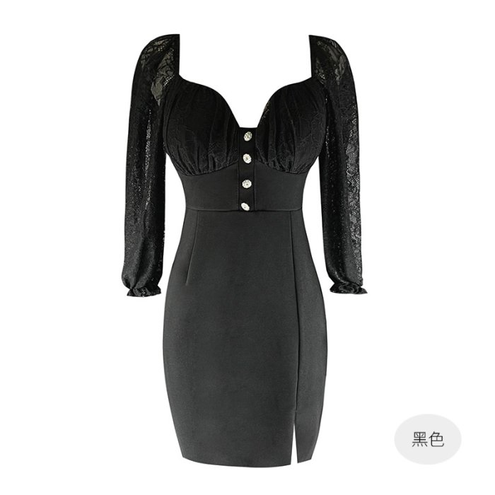 EFP大美人-2023促銷♡實拍性感女神網美短片深v低胸蕾絲半透長袖開叉拼接包臀短裙~白黑S-L | Yahoo拍賣