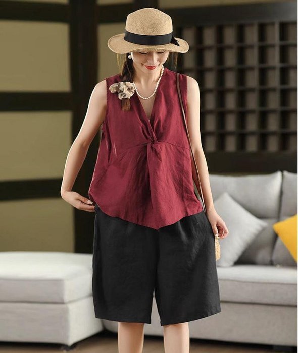 【木棉衣舖】復古砂洗亞麻無袖背心-0615 | Yahoo拍賣