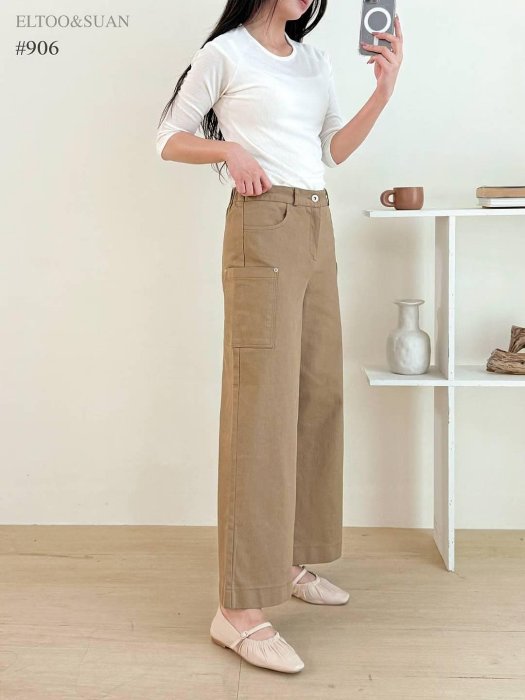 $尋寶小舖$ 25正韓直送eltoo & suan 秋最新款 鬆緊腰扣側口袋丹寧牛仔小寬褲#906 | Yahoo拍賣