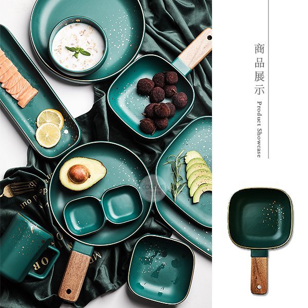 綠野星空木柄圓盤【墨綠色/白色】北歐風 手繪金邊 陶瓷盤 西餐盤 牛排盤 沙拉盤 甜品 ※ COLOUR歐洲生活家居 ※ | Yahoo拍賣