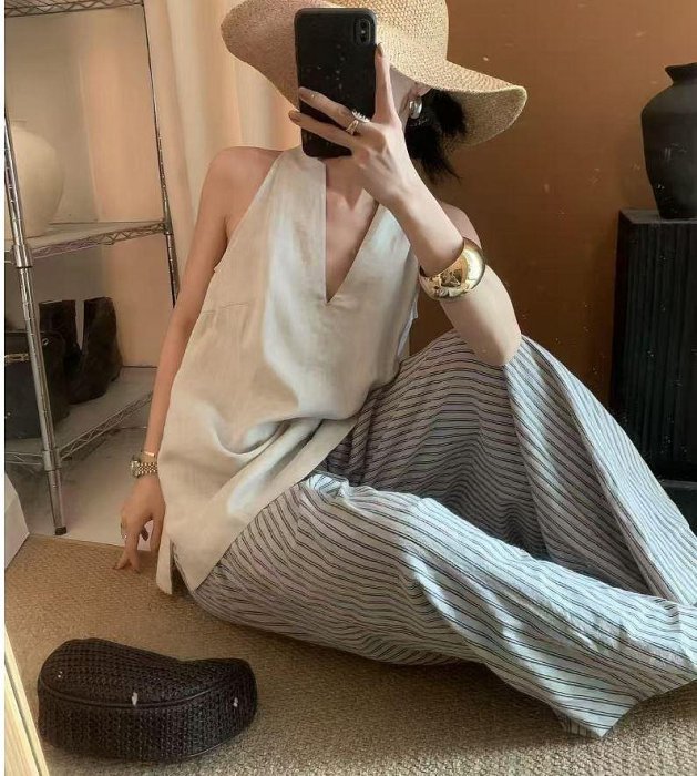 【木棉衣舖】韓版寬鬆V領無袖漢麻襯衫 -0625 | Yahoo拍賣