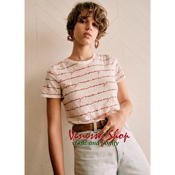 歐單 2023新款 法式小眾 復古字母印花條紋印花 小寬鬆圓領純棉短袖T恤 (E1502)nw ym | Yahoo拍賣