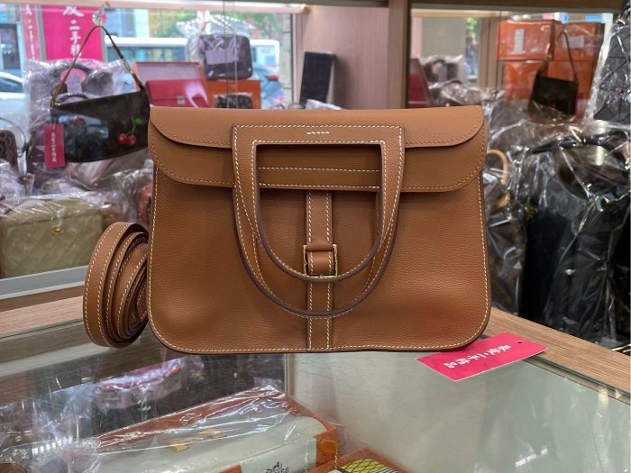 ☆最愛二手精品☆ HERMES Halzan 25 近全新愛馬仕金棕色焦糖色金釦五用包斜背包手提包肩背包 Y刻 XH1260 | Yahoo拍賣