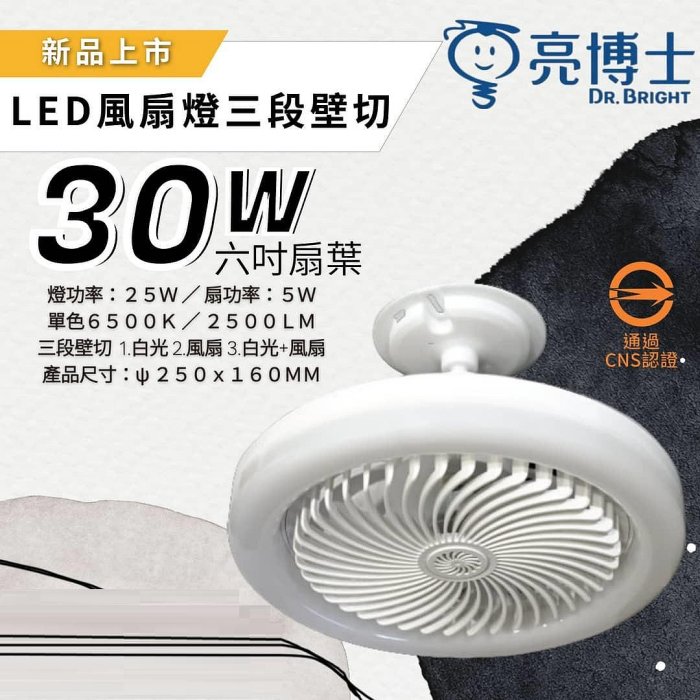 【亮博士/有認證】LED 風扇燈 30W 萬向 六吋葉扇 全電壓 白光 燈座式 三段壁切 風扇5w 燈25w | Yahoo拍賣