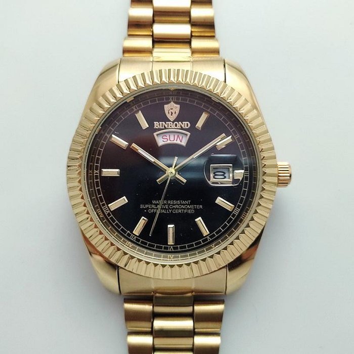 【timekeeper】 全新Binbond大錶徑開天窗鍍金石英錶(日期/星期顯示) | Yahoo拍賣