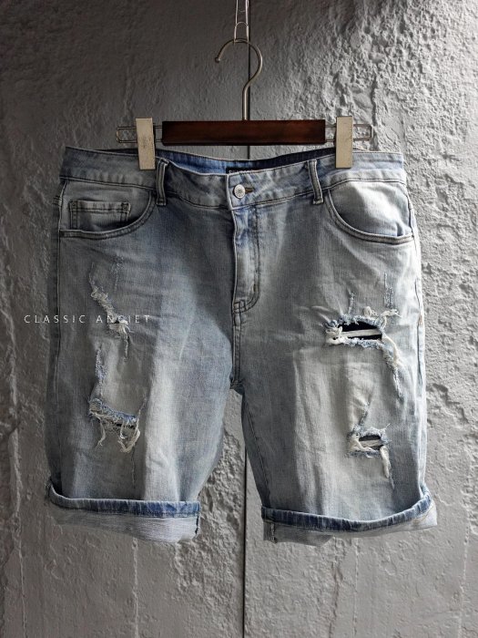 CA 韓國製 PESCADO 淺藍仿舊刷紋 合身版 彈性牛仔短褲 38腰 一元起標無底價E495 | Yahoo拍賣