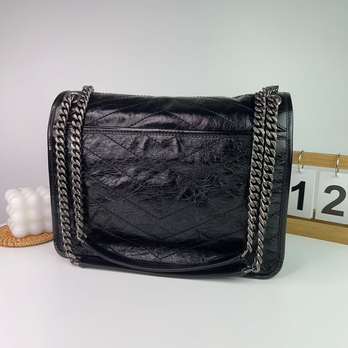 【翰貝格名牌館】全新真品 YSL 蠟染皮革 黑色 Niki 中型 28公分 銀鍊 三用 風琴包 633158 | Yahoo拍賣