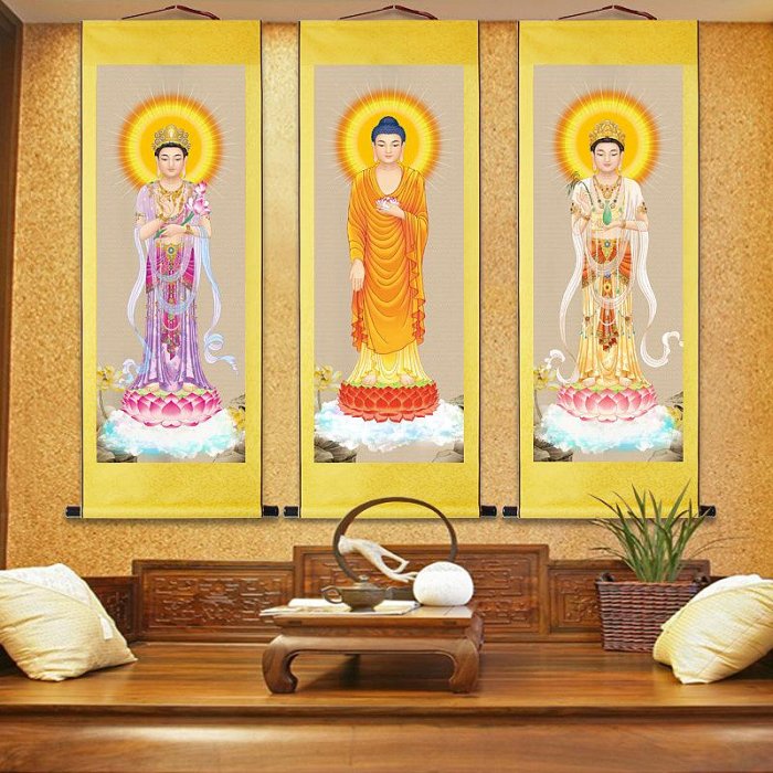 國畫佛像阿彌陀佛西方三圣卷軸掛畫觀世音菩薩佛像畫像佛堂絲綢畫 | Yahoo拍賣