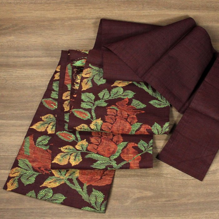 【桑園の】日本 高級布料356公分 棕色刺繡花鳥紋 名古屋帶 腰封 和服腰帶 茶席 K 5032 | Yahoo拍賣