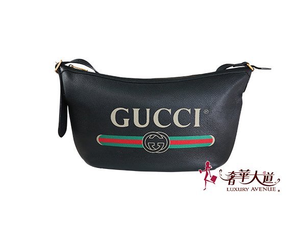 已售出＊奢華大道國際精品＊【G1488】GUCCI 黑色小牛皮綠紅綠半月斜背包 523588 | Yahoo拍賣