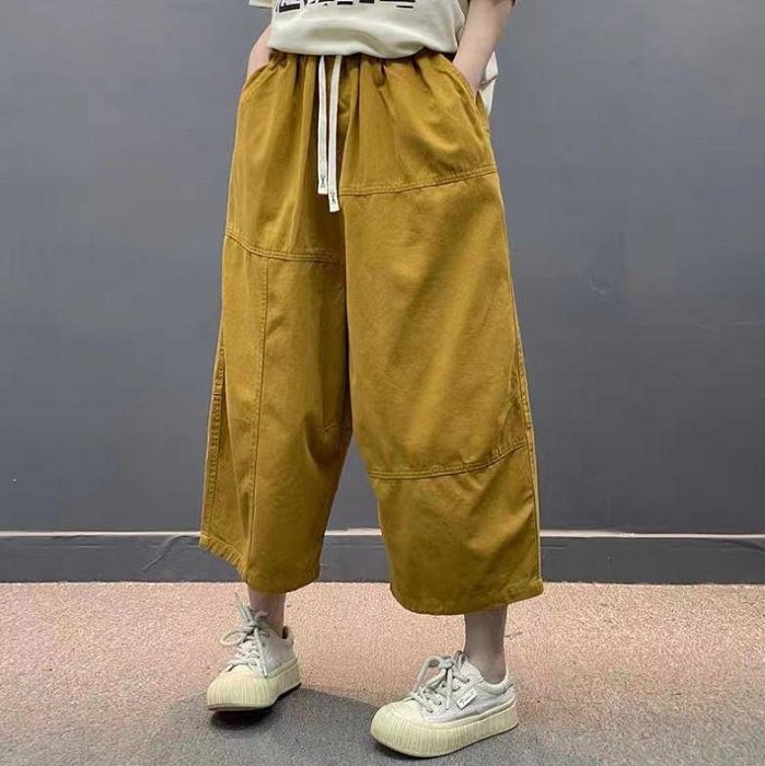 【木棉衣舖】韓版寬鬆拼接水洗棉八分褲氣球褲-0725 | Yahoo拍賣