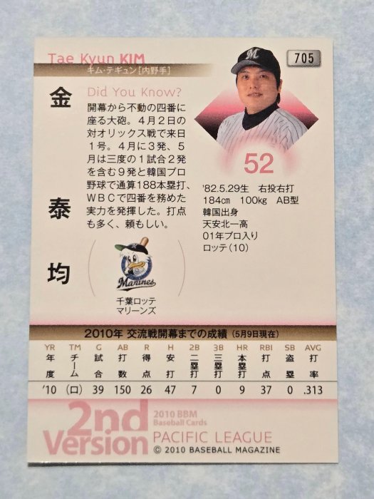 （收藏家的卡）2010BBM 2nd羅德【金 泰均】銀箔簽 | Yahoo拍賣