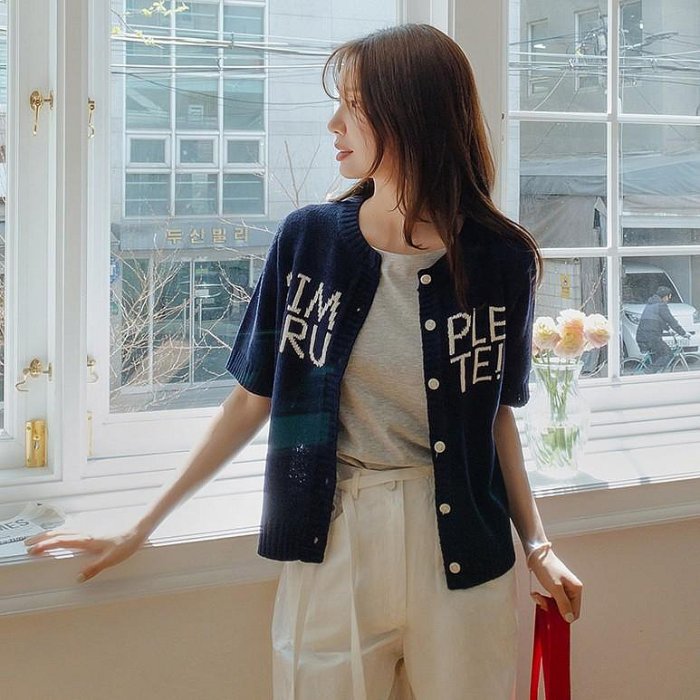 Bellee 正韓 簡約英文字母短袖開襟薄針織外套 (4色) 【0509-32】 | Yahoo拍賣