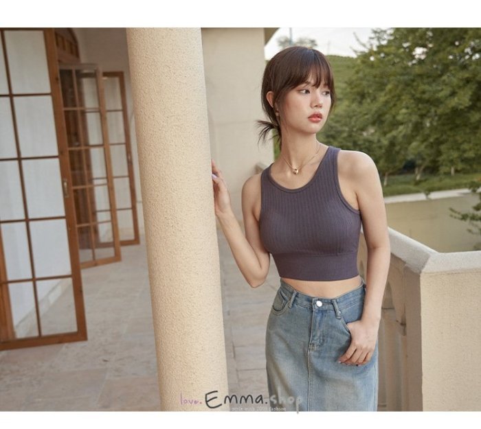 EmmaShop艾購物-韓妞必備單品-條紋削肩美背背心/含罩杯/可單穿/通勤族秋冬穿搭單品/短版上衣 | Yahoo拍賣