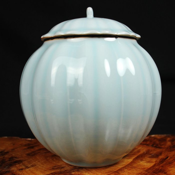 【桑園の】庫存美品~官窯 天青釉 開片 南瓜型 茶罐 密封蓋 茶葉罐 茶倉 茶入 P 5112 | Yahoo拍賣