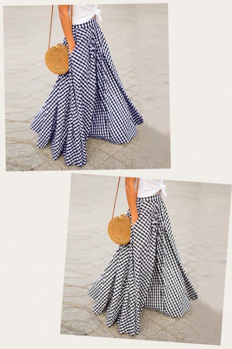 歐美赫本風OL優雅氣質款藍白/黑白格紋高腰雙口袋大裙擺pinko垂墜iroo半身裙傘狀a line顯瘦tast復古moma大尺寸Zara休閒渡假風so nice | Yahoo拍賣