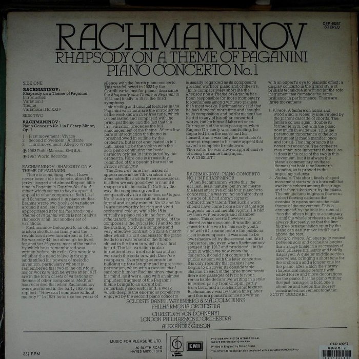 英版古典-EMI/CFP 40267/拉赫曼尼諾夫:帕格尼尼主題狂想曲,第1號鋼琴協奏曲/魏恩柏格,賓斯,鋼琴/杜南伊 | Yahoo拍賣
