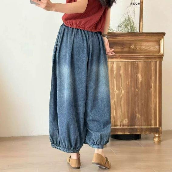 【木棉衣舖】復古薄款重工刺繡牛仔九分褲燈籠褲-0725 | Yahoo拍賣