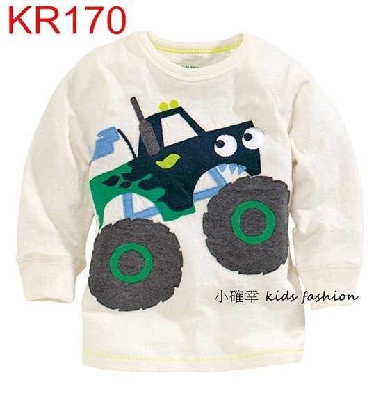 小確幸衣童館KR170 歐美款秋上新白色大車輪吉普車長袖純棉長袖T | Yahoo拍賣