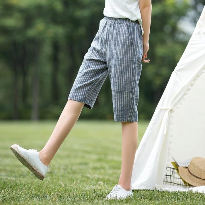 現貨熱銷-生活百貨棉麻短褲女寬松休閒褲子條紋中褲夏季薄款直筒亞麻五分褲女六分褲hgj | Yahoo拍賣