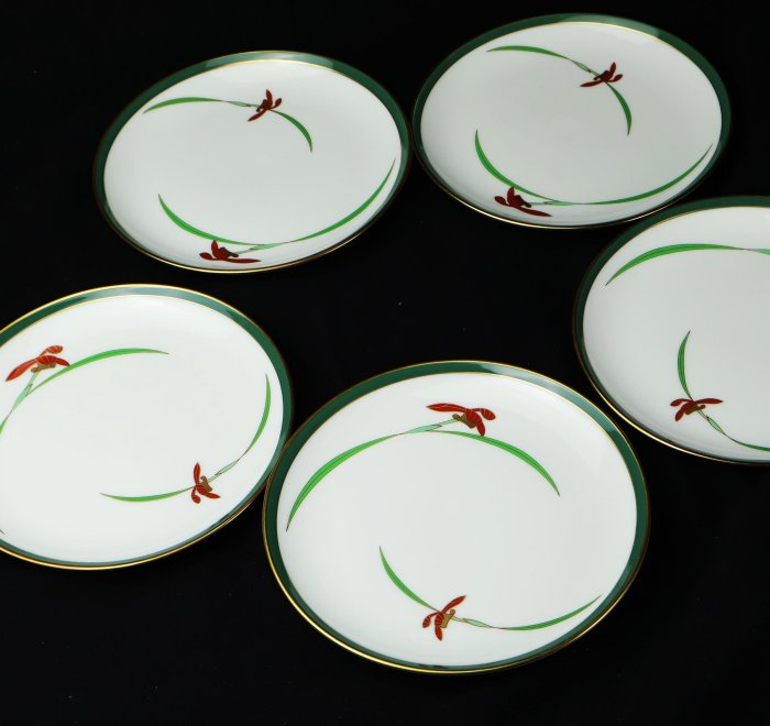 【桑園の】美品! 日本 香蘭社 描金春蘭 孔雀綠 薄胎白瓷 菓子皿 點心盤 盤子 五客 T 7445 | Yahoo拍賣