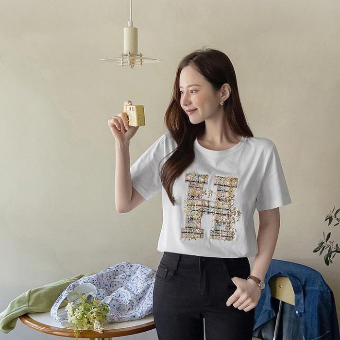 Bellee 正韓 小香風H花呢字母短袖棉上衣 (2色)【0401-70】 | Yahoo拍賣