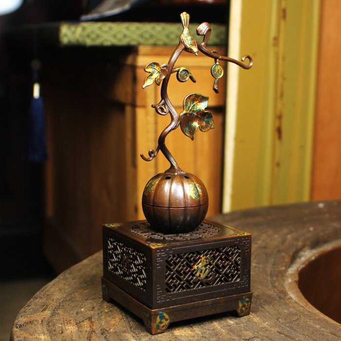 【桑園の】精美香道具 銅製 喜鵲福瓜 288g 香爐 香座 香道具 盒附 近新美品 Q 1028 | Yahoo拍賣