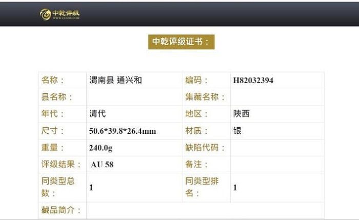 (中乾評級 AU58) 陝西省6兩超重槽錠 渭南縣 通興和 重約240g超重槽錠 (中乾評級 AU58) | Yahoo拍賣
