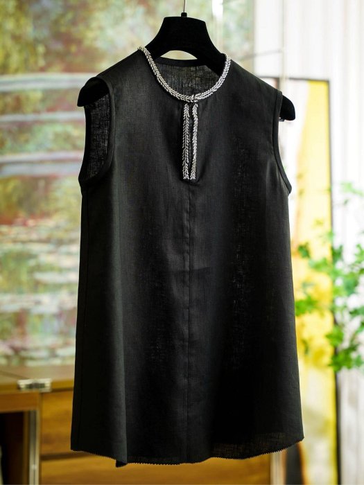 巴黎小時光一間外貿老店 ️ YT 有種老錢高知美的感覺~！ 半開領釘珠亞麻無袖襯衫女上衣夏0725 | Yahoo拍賣