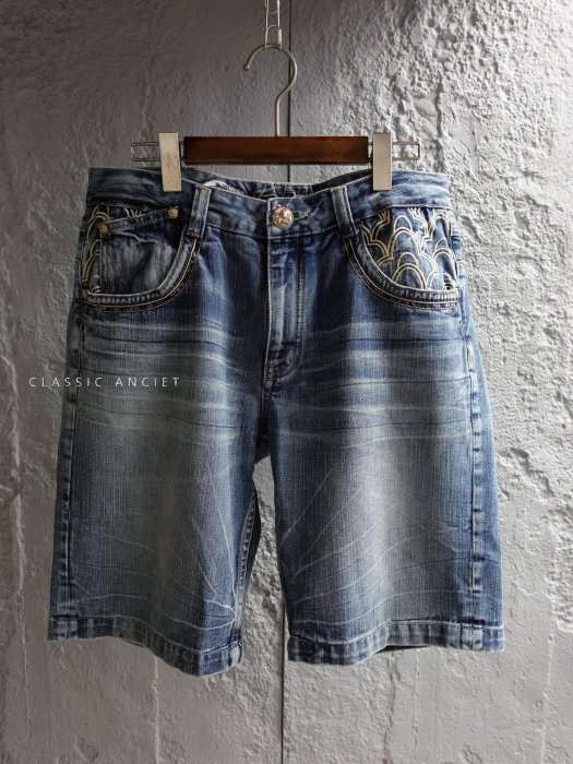 CA 墨達人 BIG TRAIN 藍系仿舊刷紋 牛仔短褲 XL號 一元起標無底價E395 | Yahoo拍賣