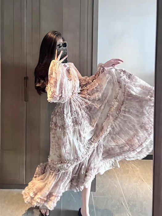 [ ohya梨花 ] =韓國帶回=春夏名媛溫柔性感穿搭甜辣裸色系木耳邊造型連身裙長洋裝 | Yahoo拍賣