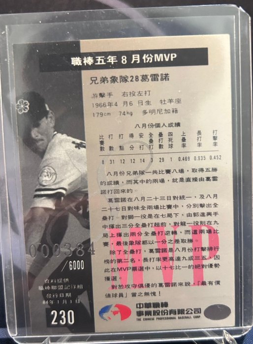 【二張一起標】限量 職棒五年 4月MVP 陳義信 職棒五年 8月MVP 葛雷諾 雷射特卡 中華職棒 CPBL 兄弟象隊 | Yahoo拍賣