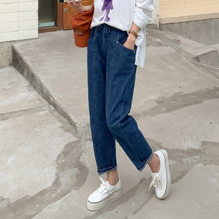 Bellee 正韓 每個人穿都好看 平口口袋修飾鬆緊綁帶牛仔休閒褲 (2色) | Yahoo拍賣