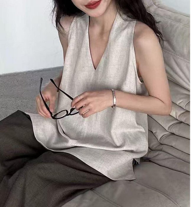 【木棉衣舖】韓版寬鬆V領無袖漢麻襯衫 -0625 | Yahoo拍賣