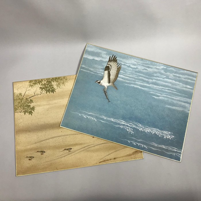 【藏舊尋寶屋】老日本 落款 平成12年 市川道郎作 鯰 海鷗 手繪 畫卡 共2入※2505250508811-1J※ | Yahoo拍賣