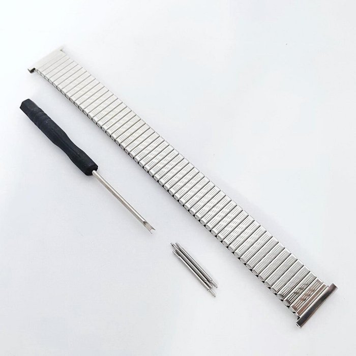 【timekeeper】 全新20mm不鏽鋼彈性錶帶/伸縮帶+拆錶帶工具+錶耳針(銀色) | Yahoo拍賣