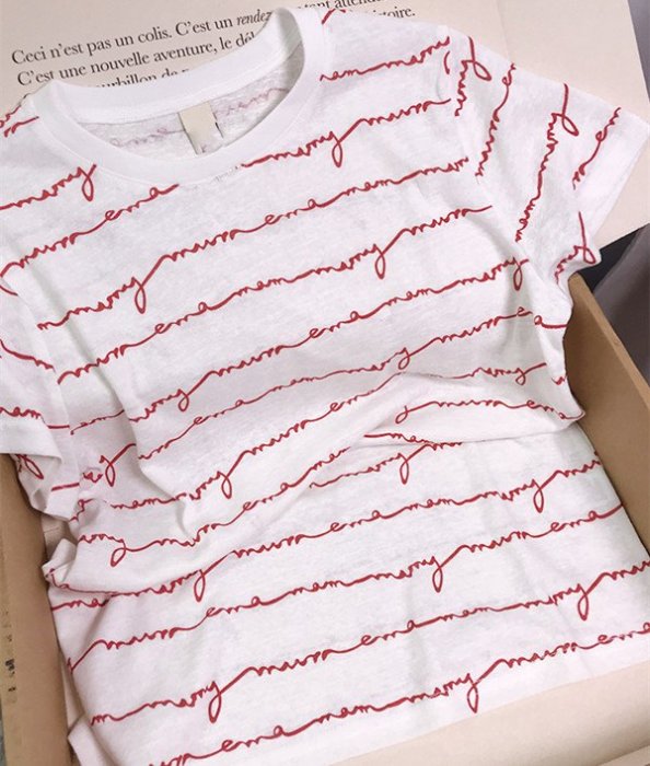 小V私家~ 歐單 新款 SZ 法語條紋印花 小寬鬆圓領純棉短袖T恤 (E1502) | Yahoo拍賣