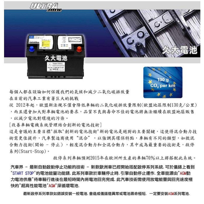 久大電池 德國 BENZ 賓士 原廠電瓶 AGM80 80AH 800A (EN) 同 VARTA F21 新車部品 | Yahoo拍賣