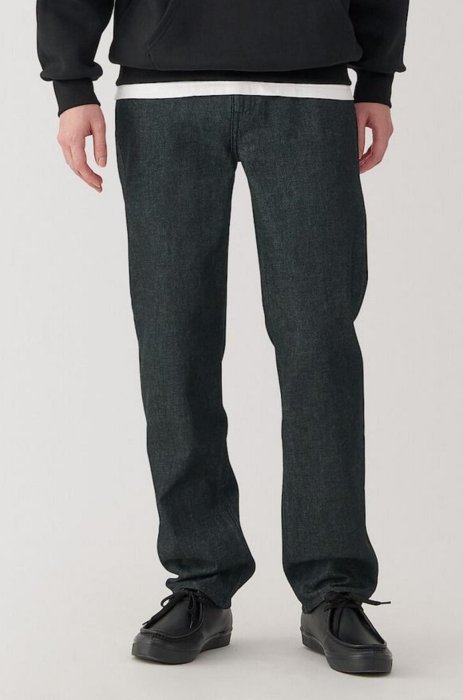 ＊一元起標無底價＊全新專櫃真品MUJI 2025年無印良品冬季款當季時尚吉貝木棉混丹寧素材黑色極簡丹寧微合身直筒牛仔褲/W32市價1390 | Yahoo拍賣