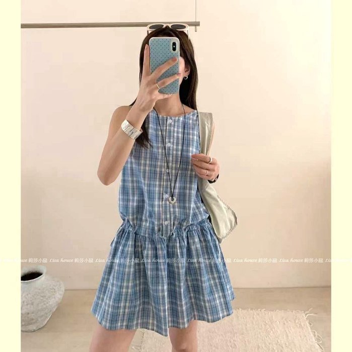 【莉莎小屋】正韓 Korea 春夏新品代購 半排扣格紋背心洋裝👚👖 OP0705 | Yahoo拍賣