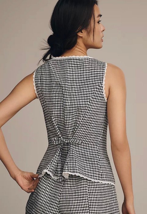 🍙Reformation 100% 亞麻 經典黑白格紋蕾絲邊飾背心 j.crew Zara massimo dutti apt.3r 一元起標 | Yahoo拍賣