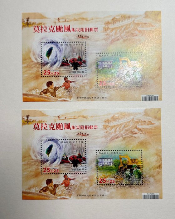 【自由魚A813】慈6 莫拉克颱風賑災附捐郵票 小全張 共2張 如圖 | Yahoo拍賣
