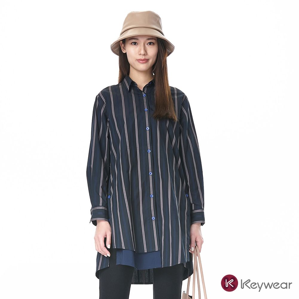 KeyWear奇威名品 深藍底條紋襯衫型長袖洋裝-深藍色 | 洋裝 | Yahoo購物中心